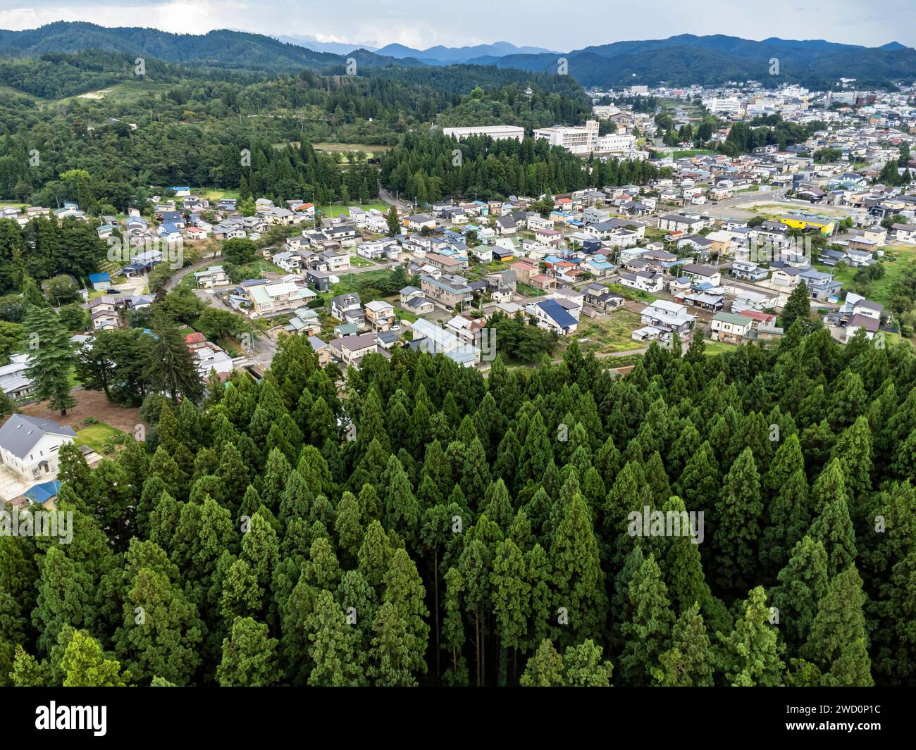 Yokote city, small town, the country, foot of mountains, Drone aerial ...