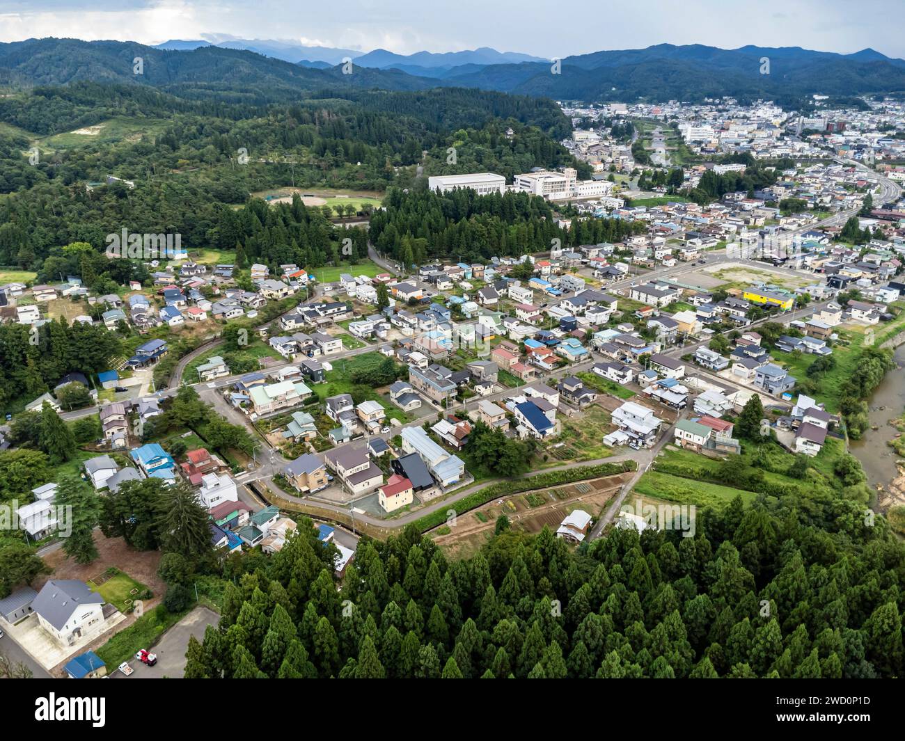 Yokote city, small town, the country, foot of mountains, Drone aerial ...