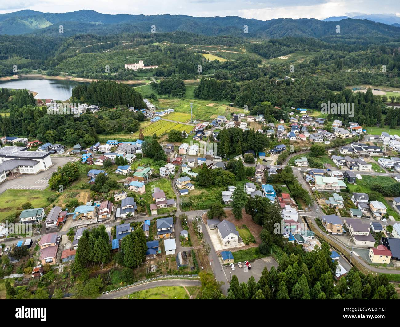Yokote city, small town, the country, foot of mountains, Drone aerial ...