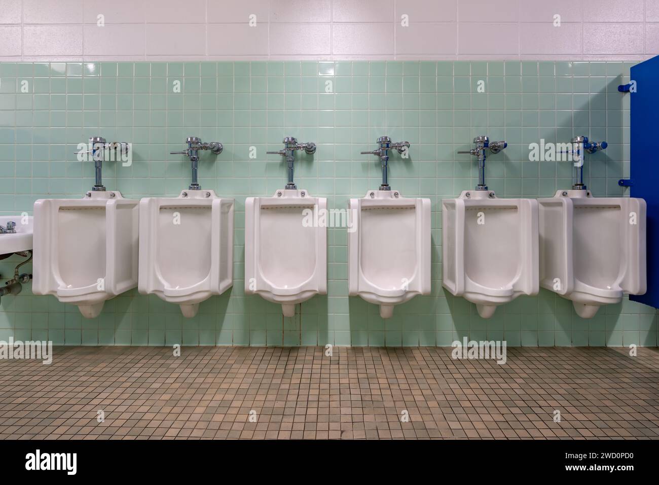 Row of multiple white porcelain ceramic urinals in an older men's ...