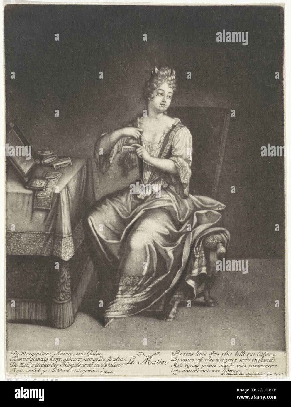 Dawn, Anonymous, 1680 - 1713 print A young woman on the morning toilet ...