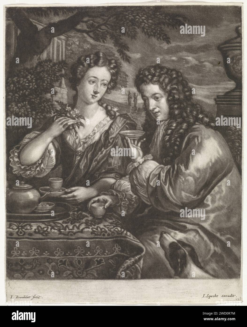 A man and woman drink coffee or tea in the garden, Jan Broedelet, 1690 ...