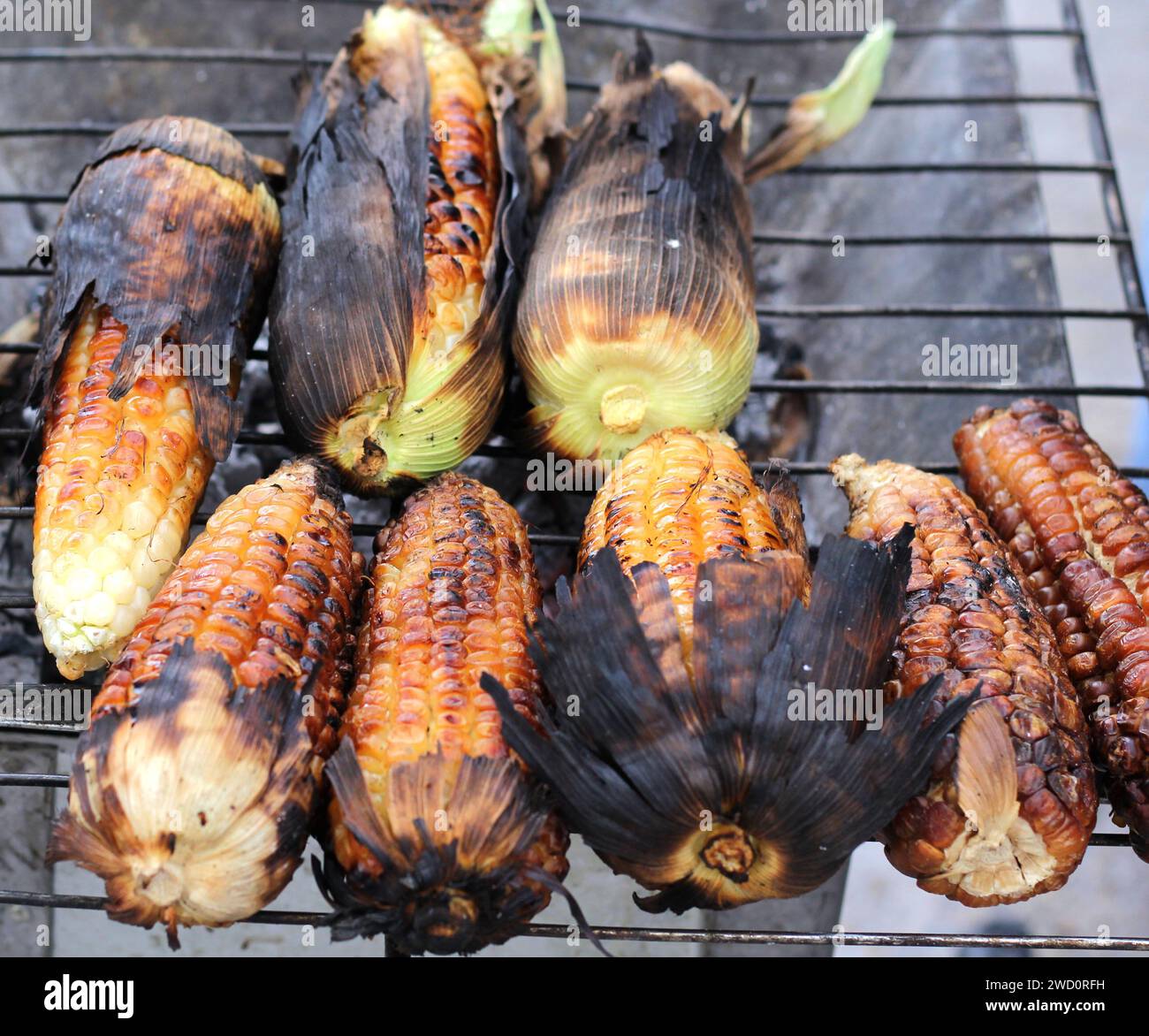 View of charcoal grill with burnt roasted corn Stock Photo - Alamy