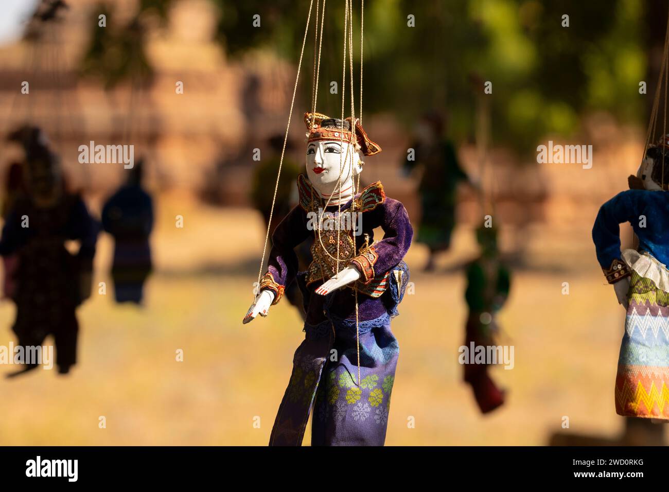Bagan, Myanmar - 25 Dec, 2019: Ornate puppets, dressed in traditional ...
