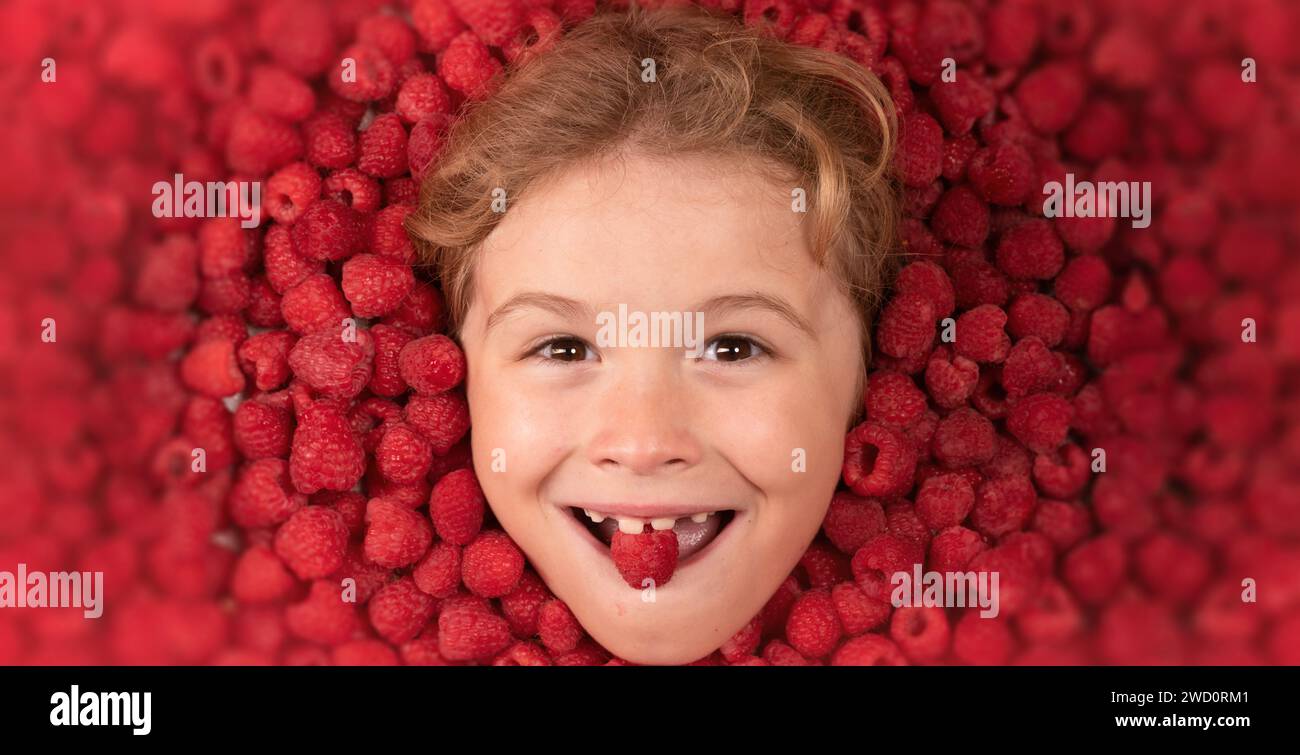 Raspberry isolated. Raspberries child face close up. Top view photo of ...