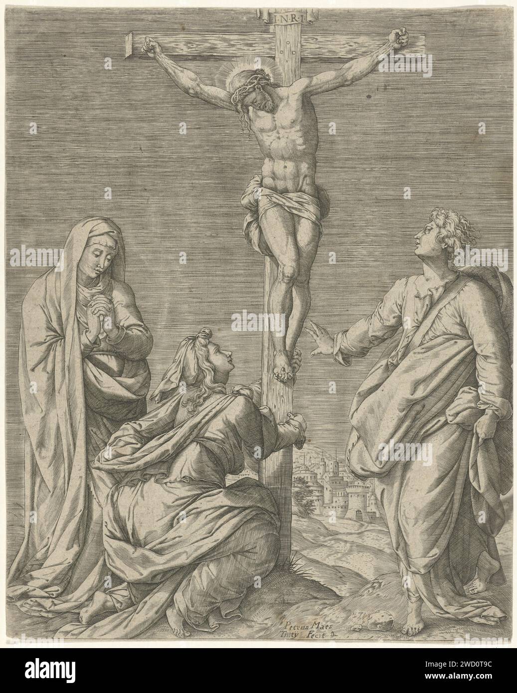 Crucifixion of Christ, Pieter Maes, 1577 - 1591 print Christ on the cross. On the left, Maria ...
