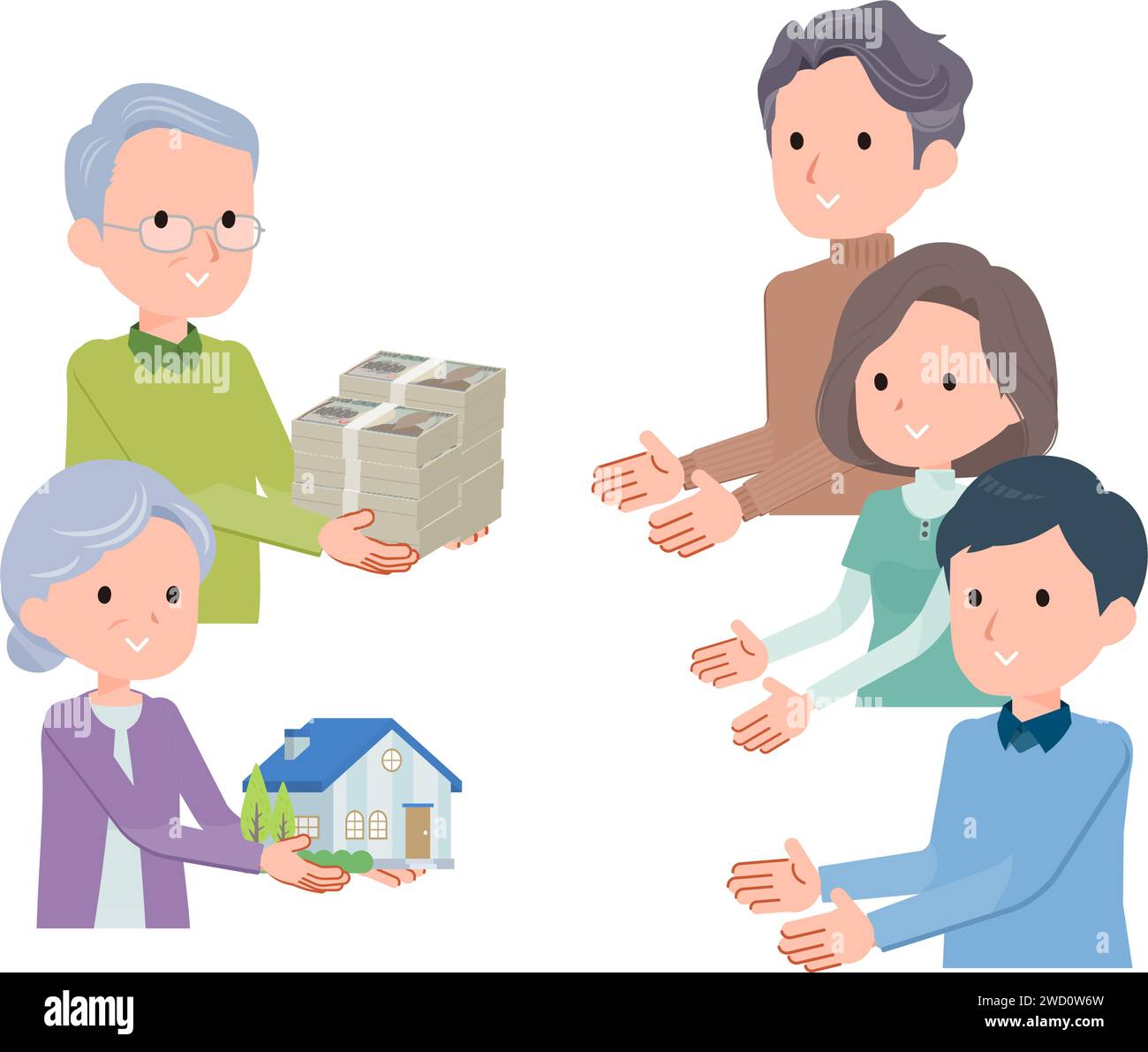 Scene of handing over cash and real estate assets to sons Stock Vector ...