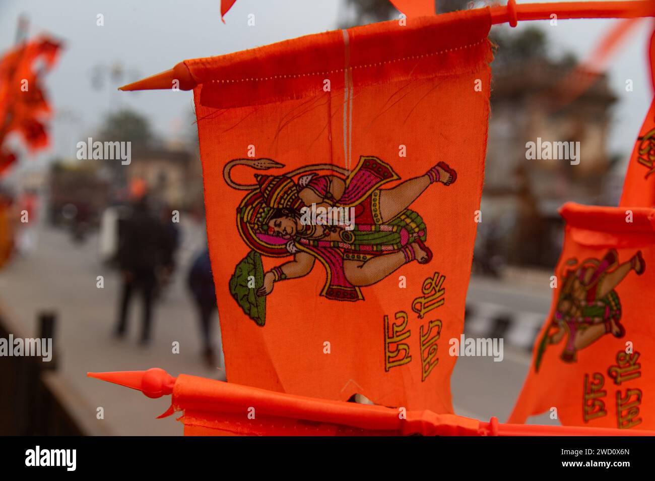 Ayodhya, Uttar Pradesh, India. 17th Jan, 2024. Flags with picture of ...