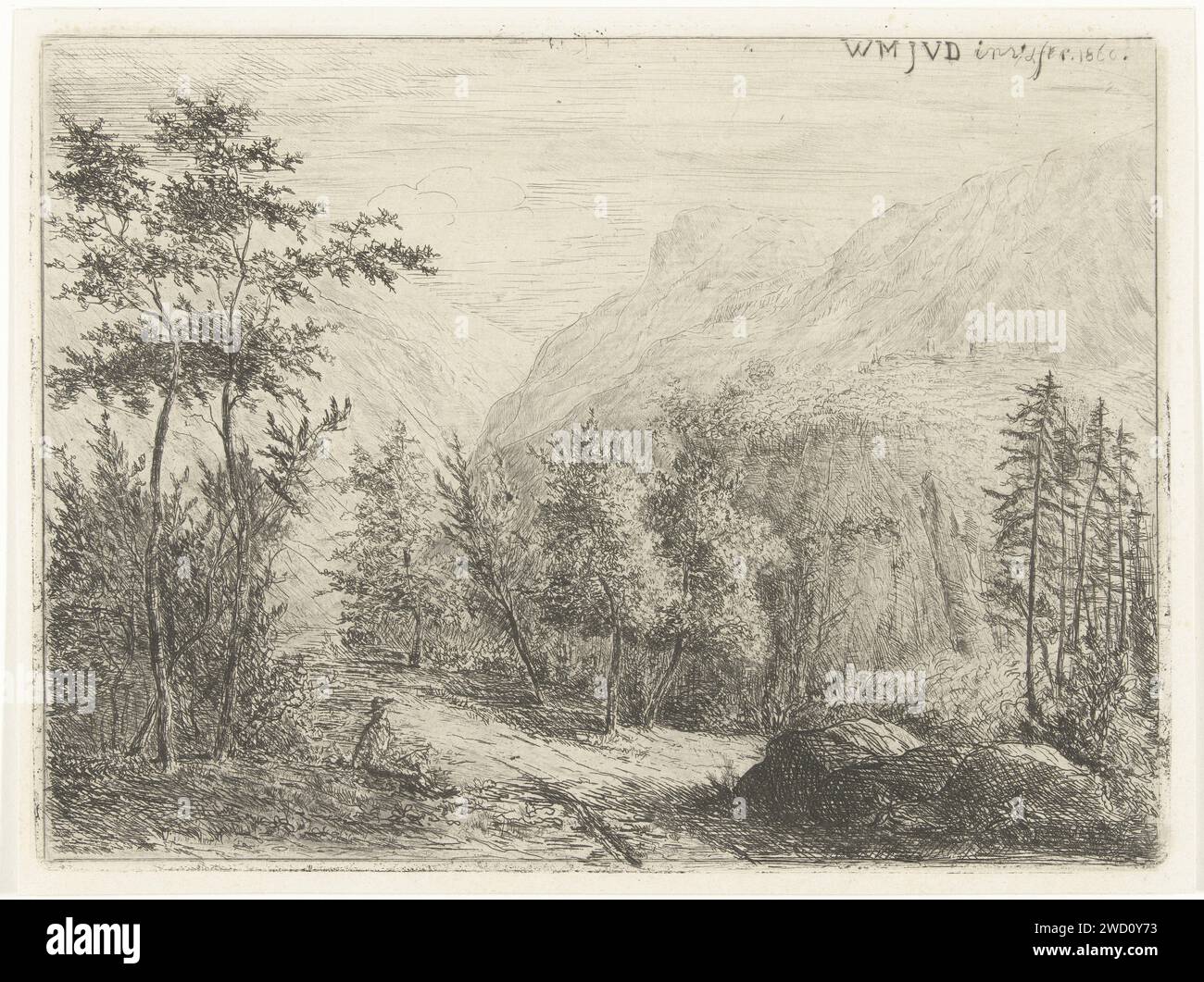 Mountain landscape with resting figure along the road, Willem Matthias ...
