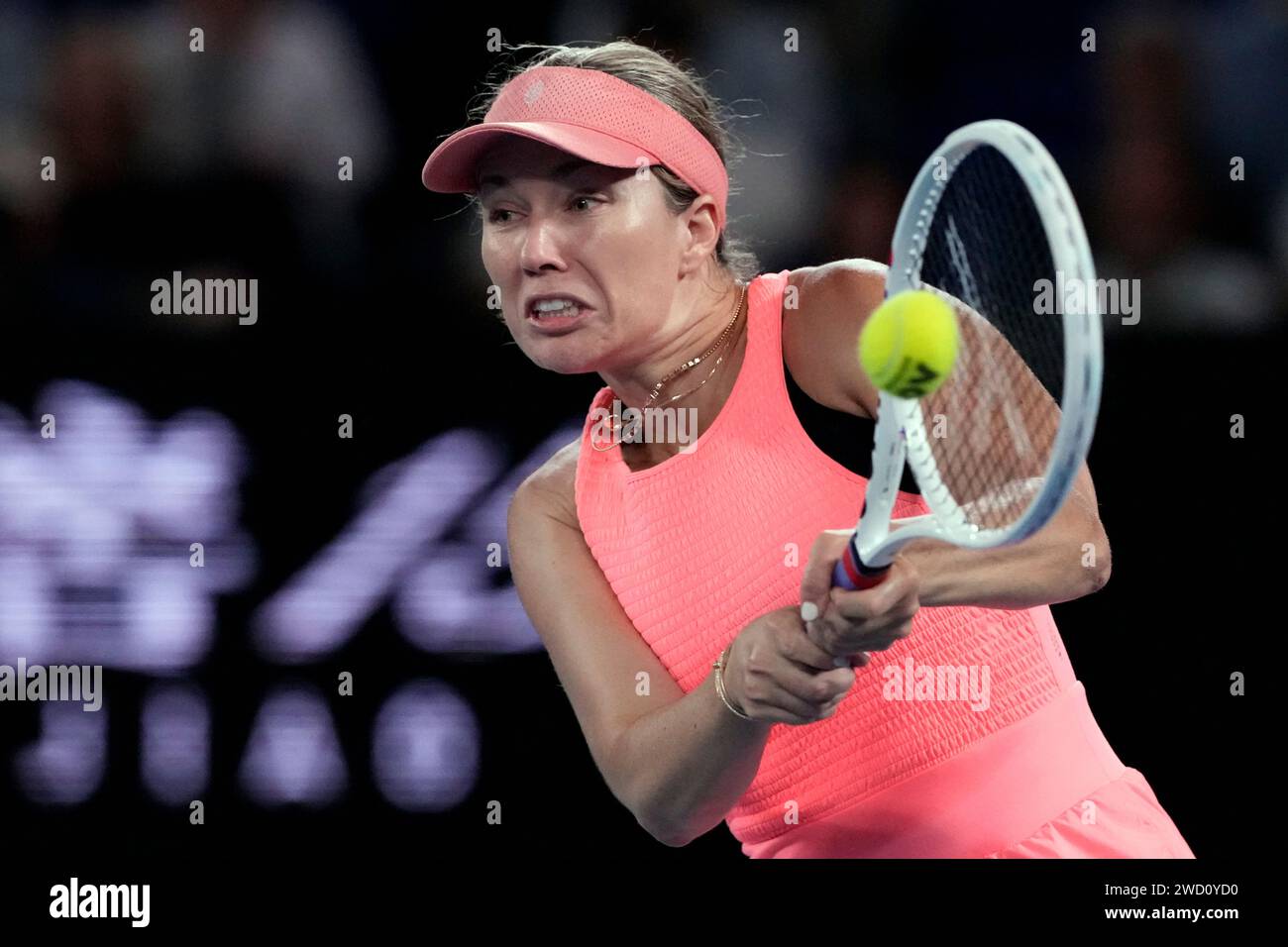 Danielle Collins of the U.S. plays a backhand return to Iga Swiatek of ...