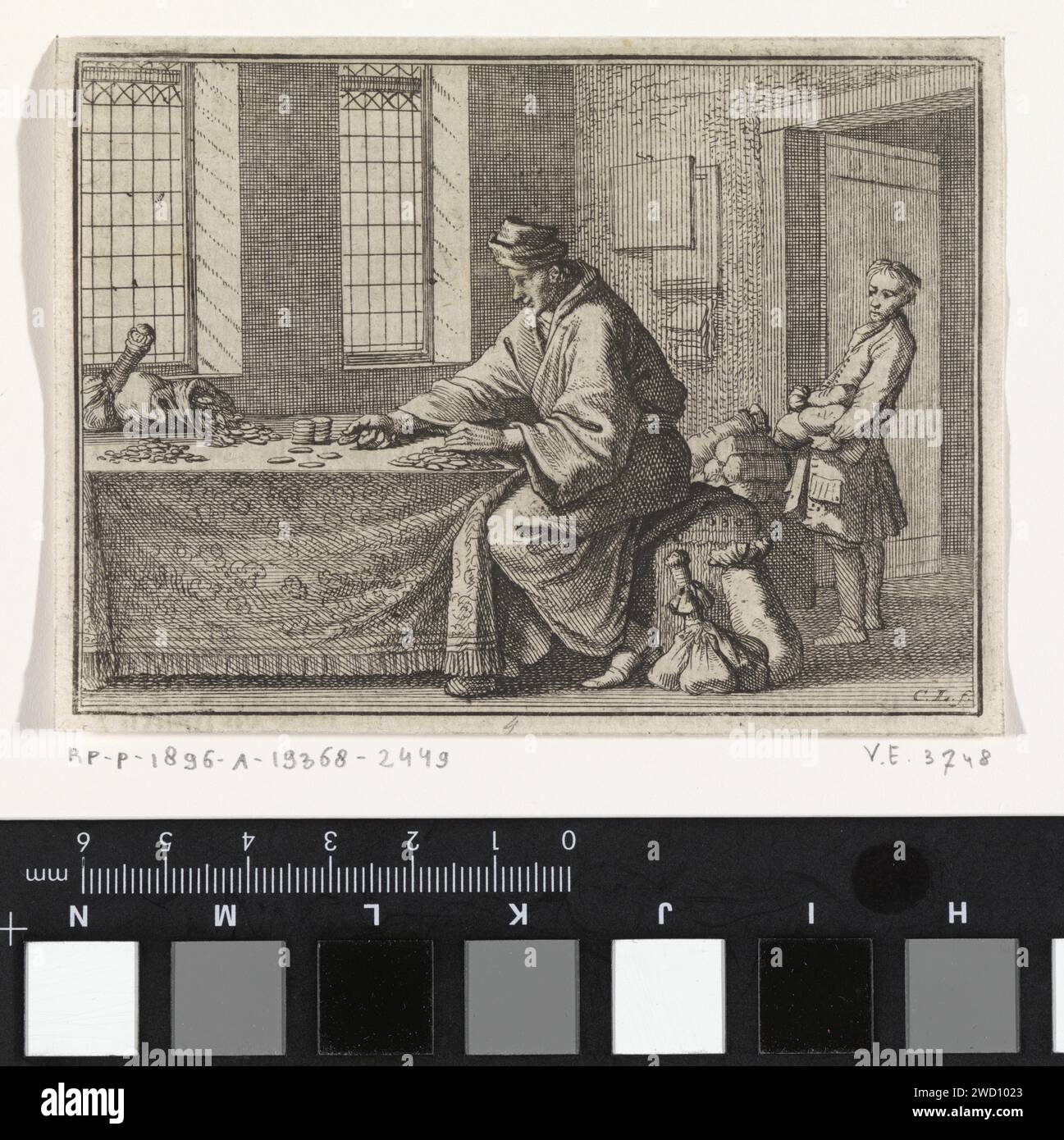 Man has coins and a boy brings him money bags, Caspar Luyken, 1710 ...