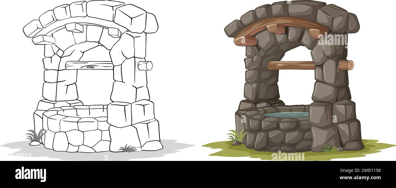 Two cartoon stone wells in a natural setting Stock Vector Image & Art ...