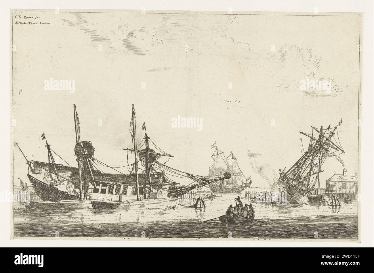 Two Falled Sailing Ships, Reinier Nooms, 1650 - 1675 print A yard with ...