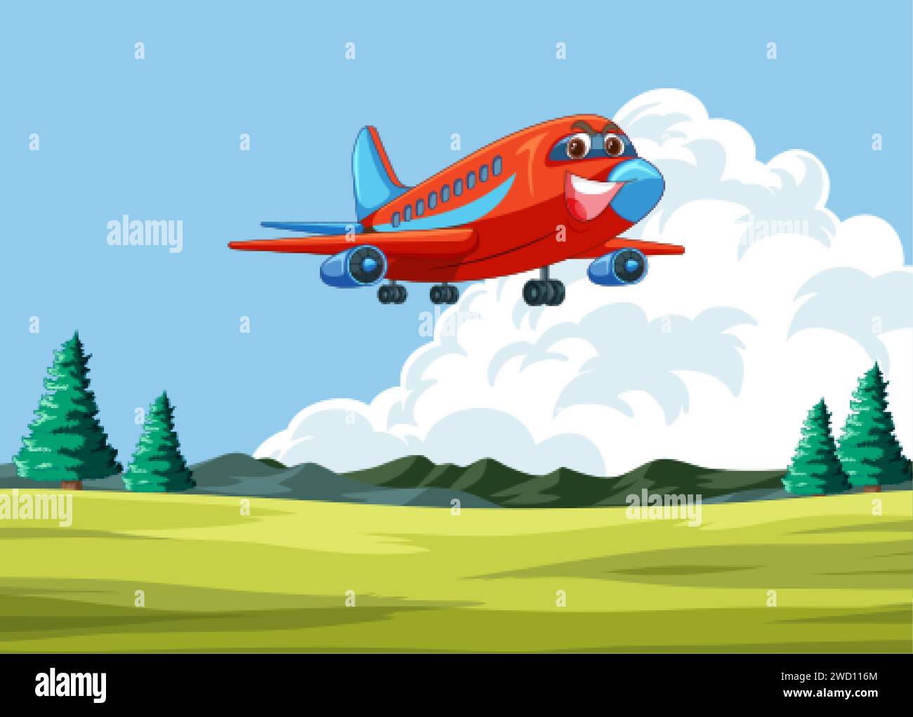 Cartoon airplane with a face flying above green hills Stock Vector ...