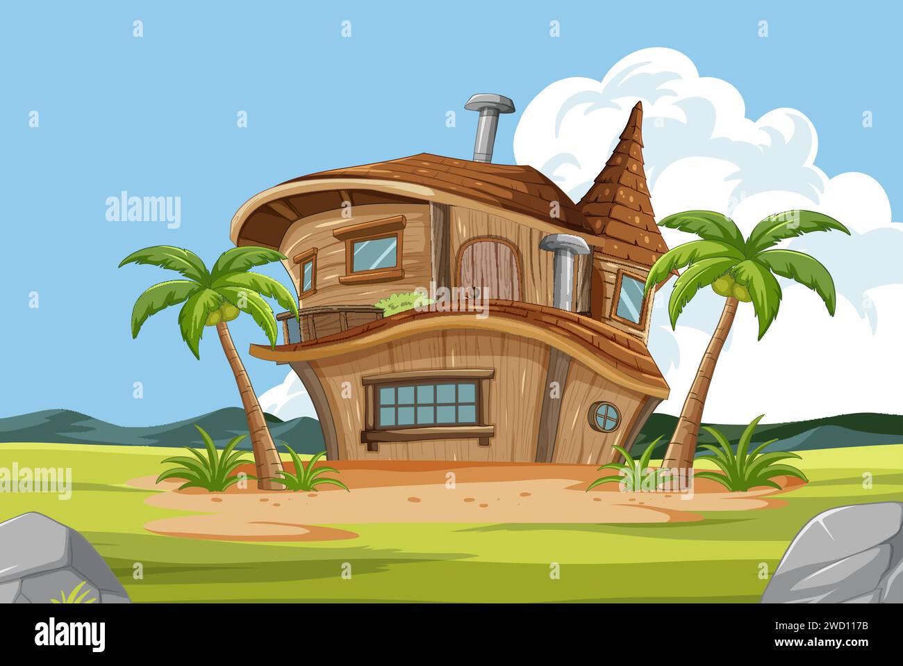 Cartoon-style house surrounded by palm trees and nature Stock Vector ...