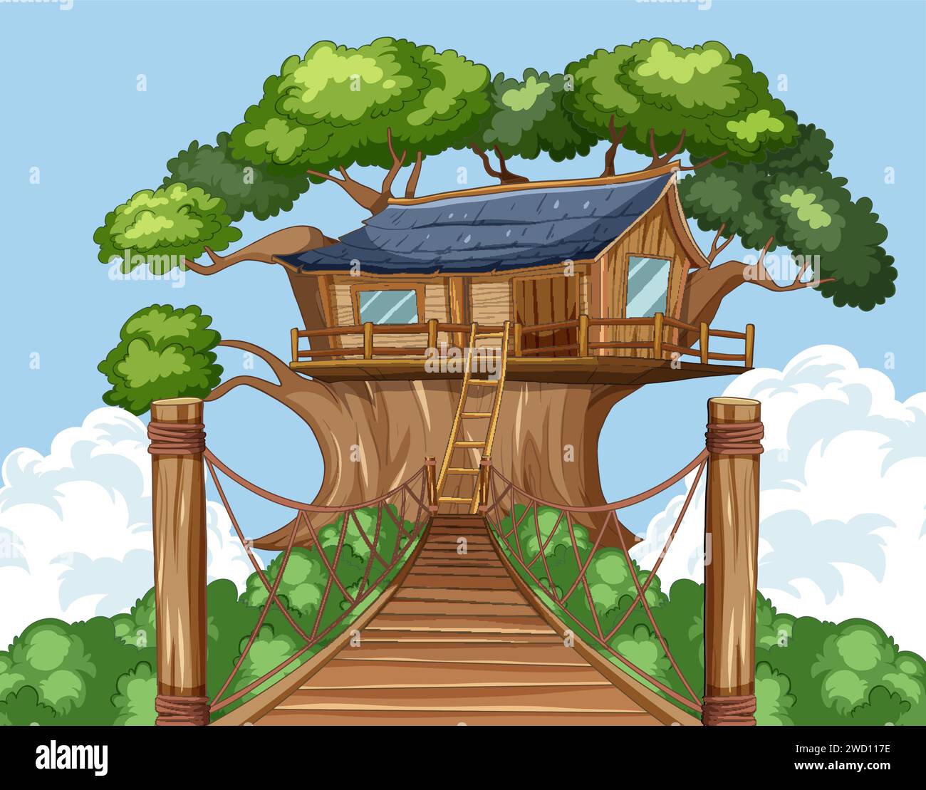 Illustration of a whimsical treehouse among green trees Stock Vector ...