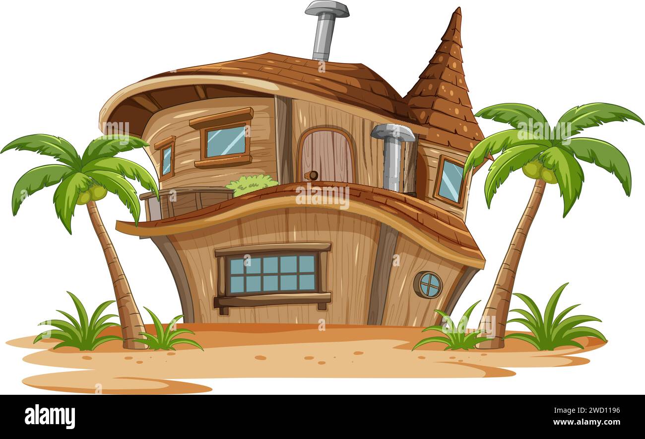 Cartoon treehouse with palm trees on sandy ground Stock Vector Image ...