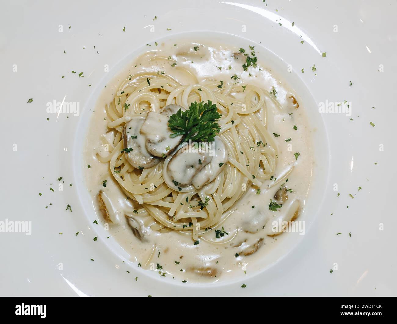 Creamy Spaghetti Carbonara on the white plate. Italian traditional ...