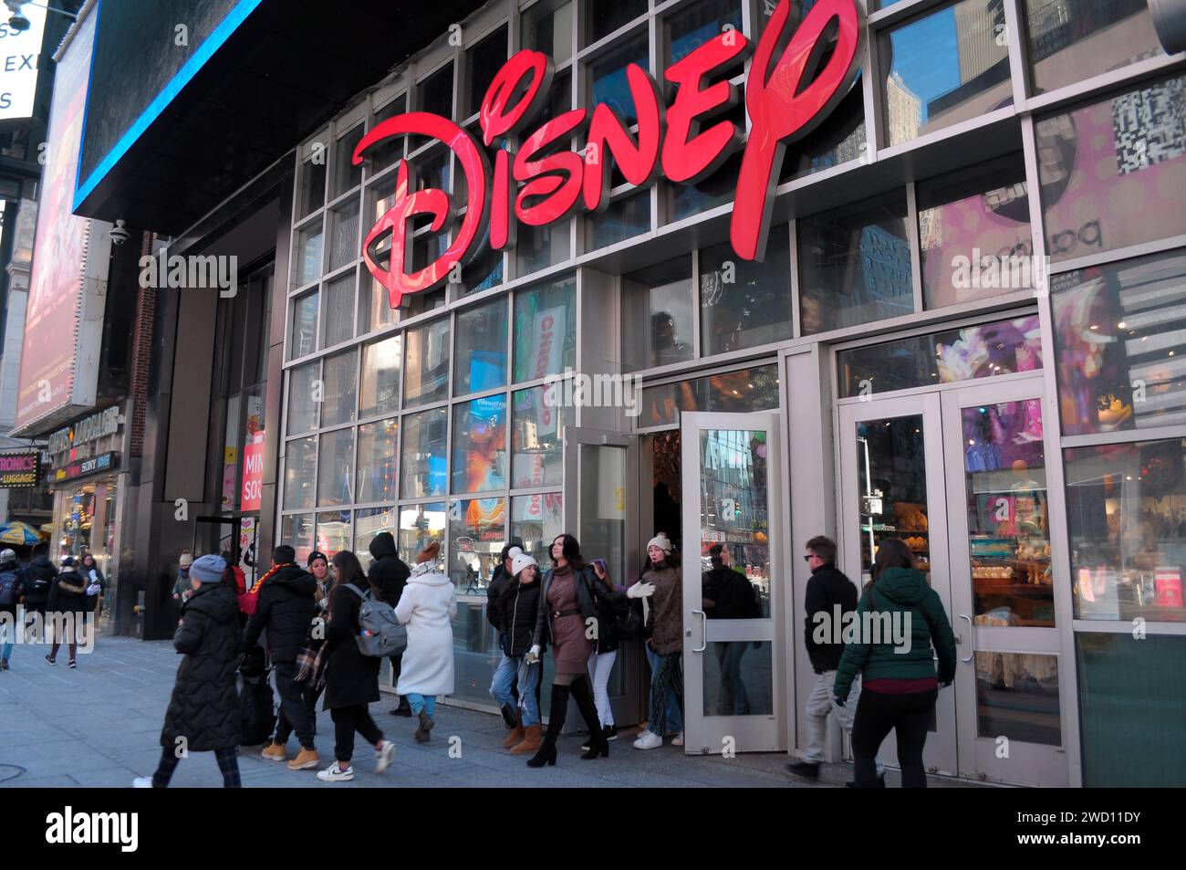 New York, United States. 17th Jan, 2024. Shoppers exit the Disney Store ...