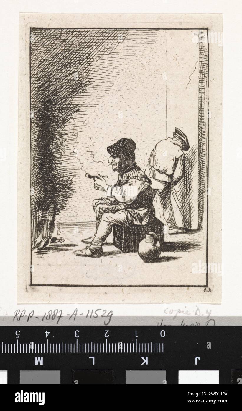 Smoking farmer by fire, Anonymous, After David Teniers (II), 1626 - 1740 print A farmer smokes ...