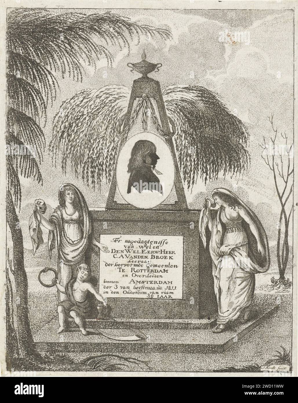 Portrait of C.A. Vanden Broeck on a grave monument, Jacob Hugo Hoedt, 1811 - 1813 print Burial ...