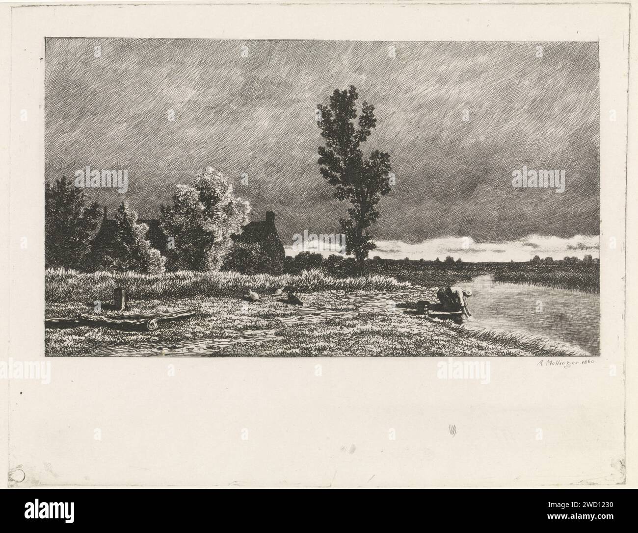 Landscape with a woman who does the laundry, Alexander Mollinger, 1860 ...