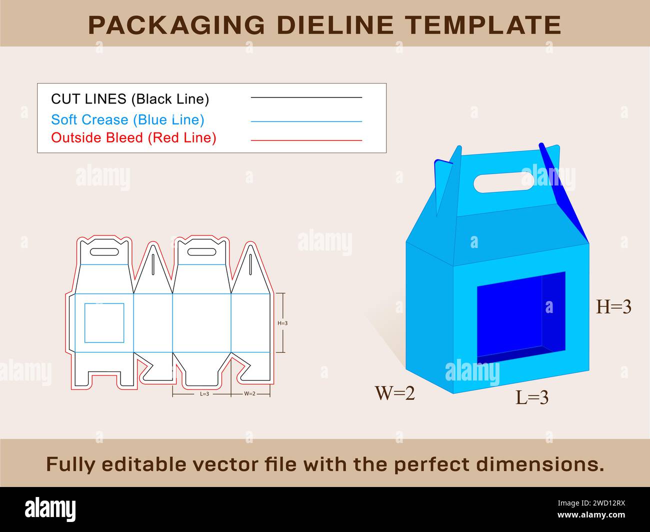 Gable Box With window, Box With Handle, Dieline Template, Editable ...