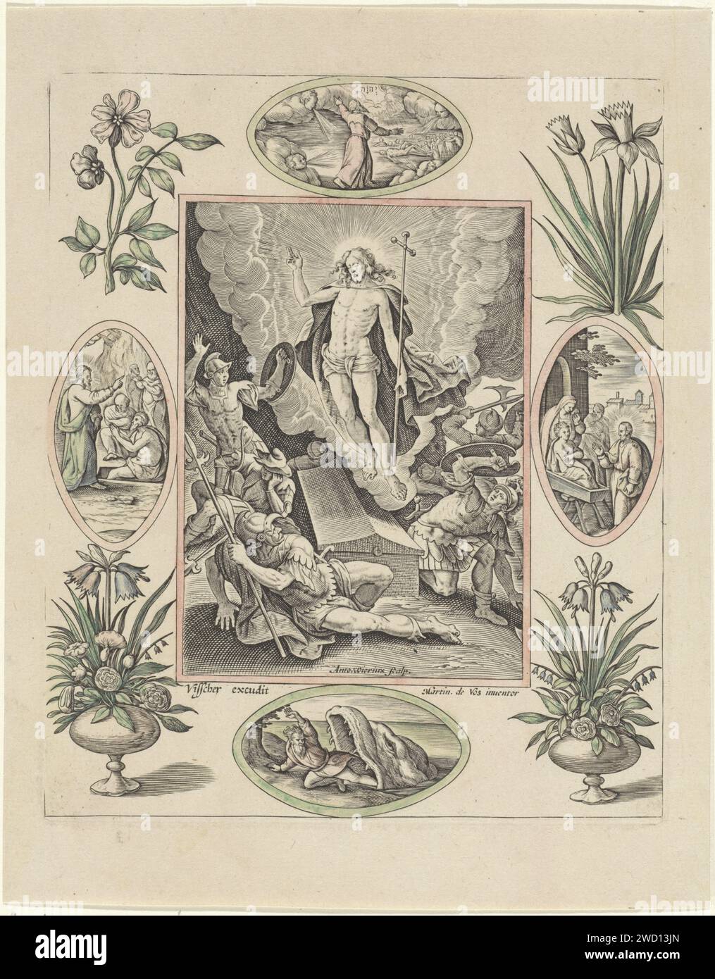 Resurrection of Christ, Antonie Wierix (II), After Maerten de Vos, 1582 - 1586 print Christ ...