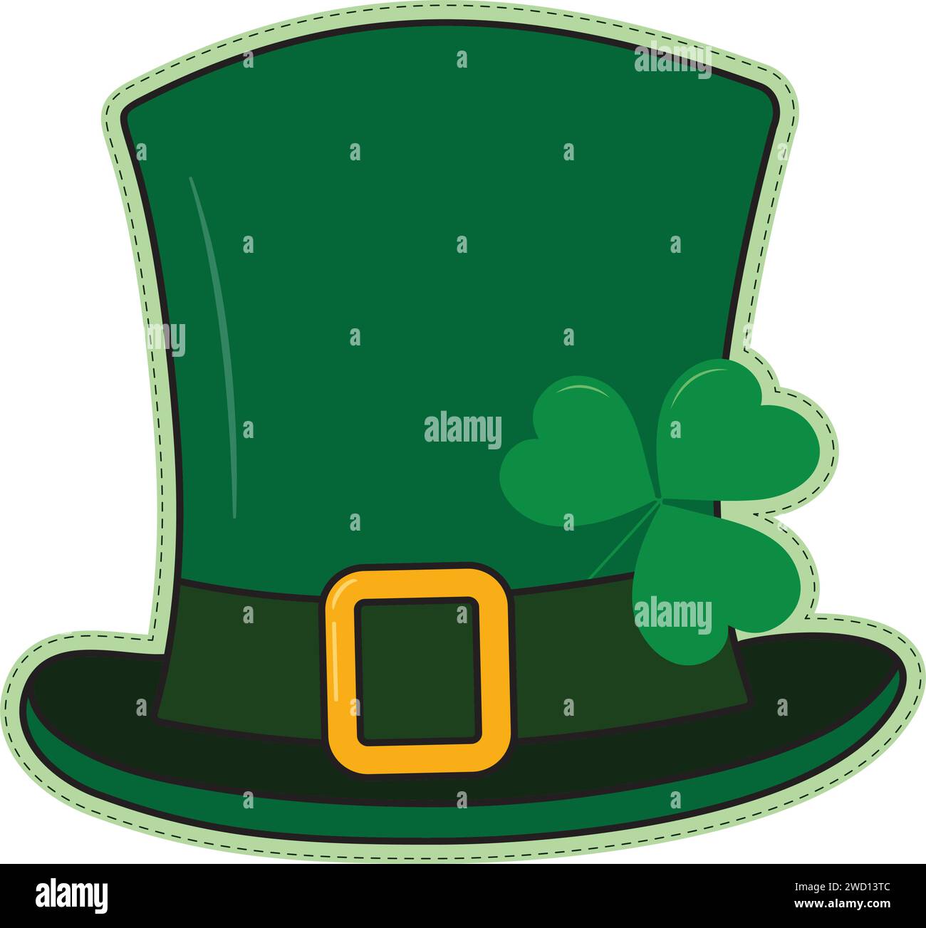 Leprechaun hat and shamrock under buckle ribbon. Sticker with dotted ...