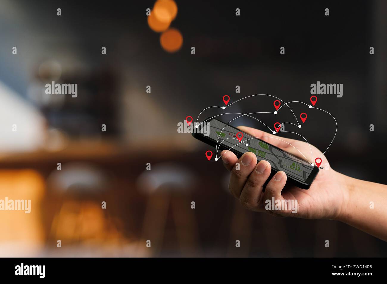 man using smartphone searching map location GPS Map to Route Destination network connection ...