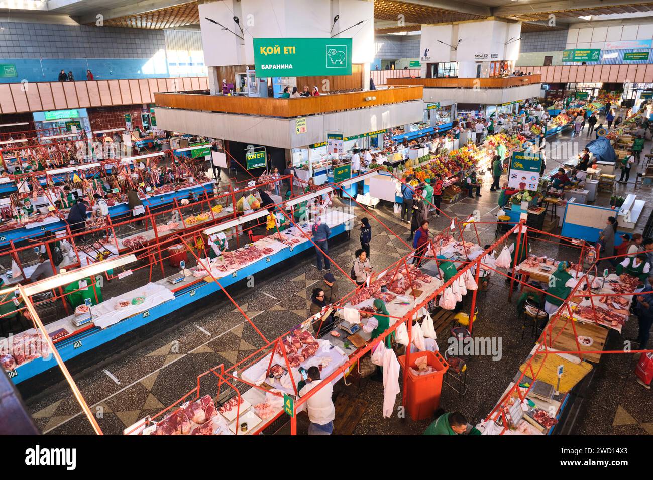 An overview look at the rows of vendors, including many meat butchers ...