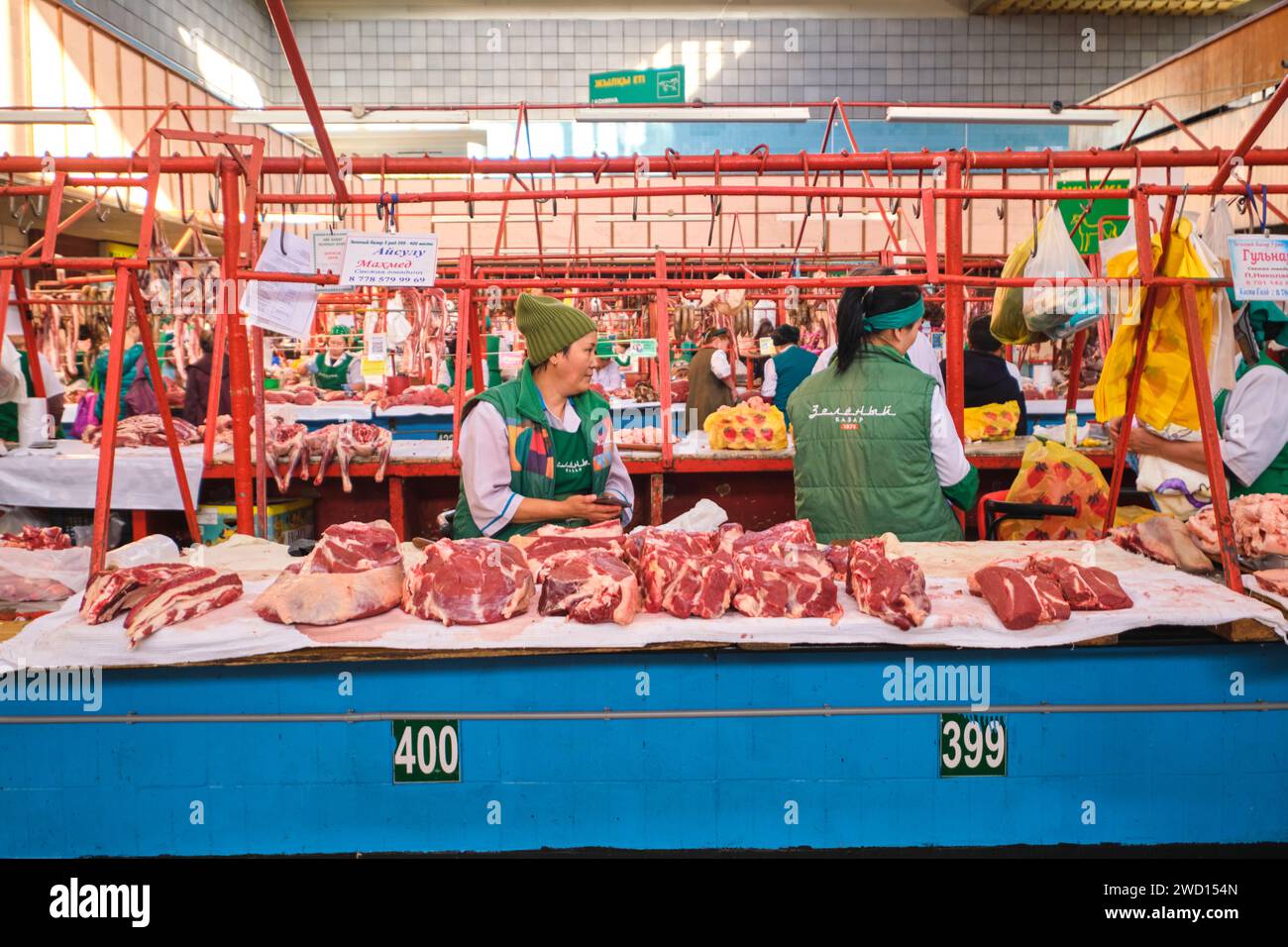 A view of the meat, butcher section, many vendors, stalls selling horse ...