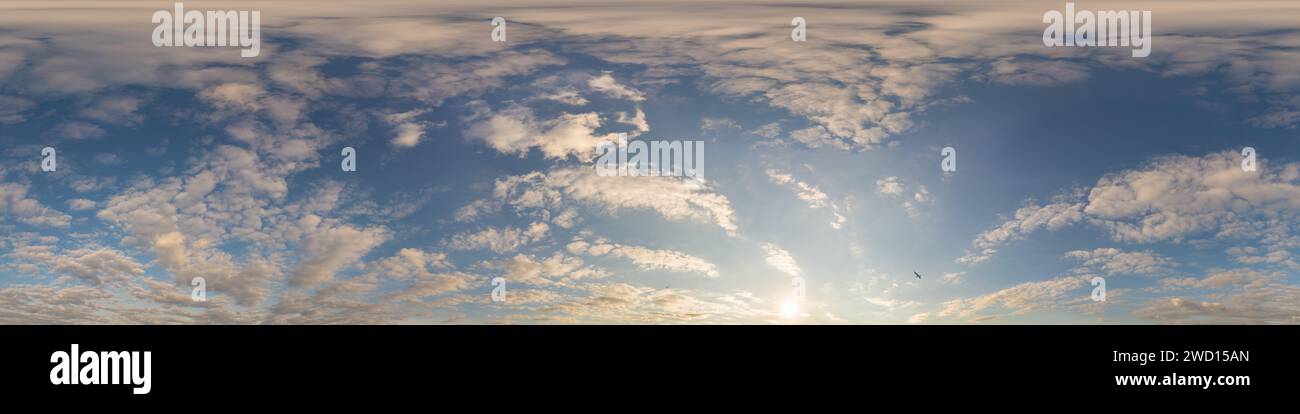360 panorama of glowing sunset sky with bright Cirrus clouds. Seamless ...