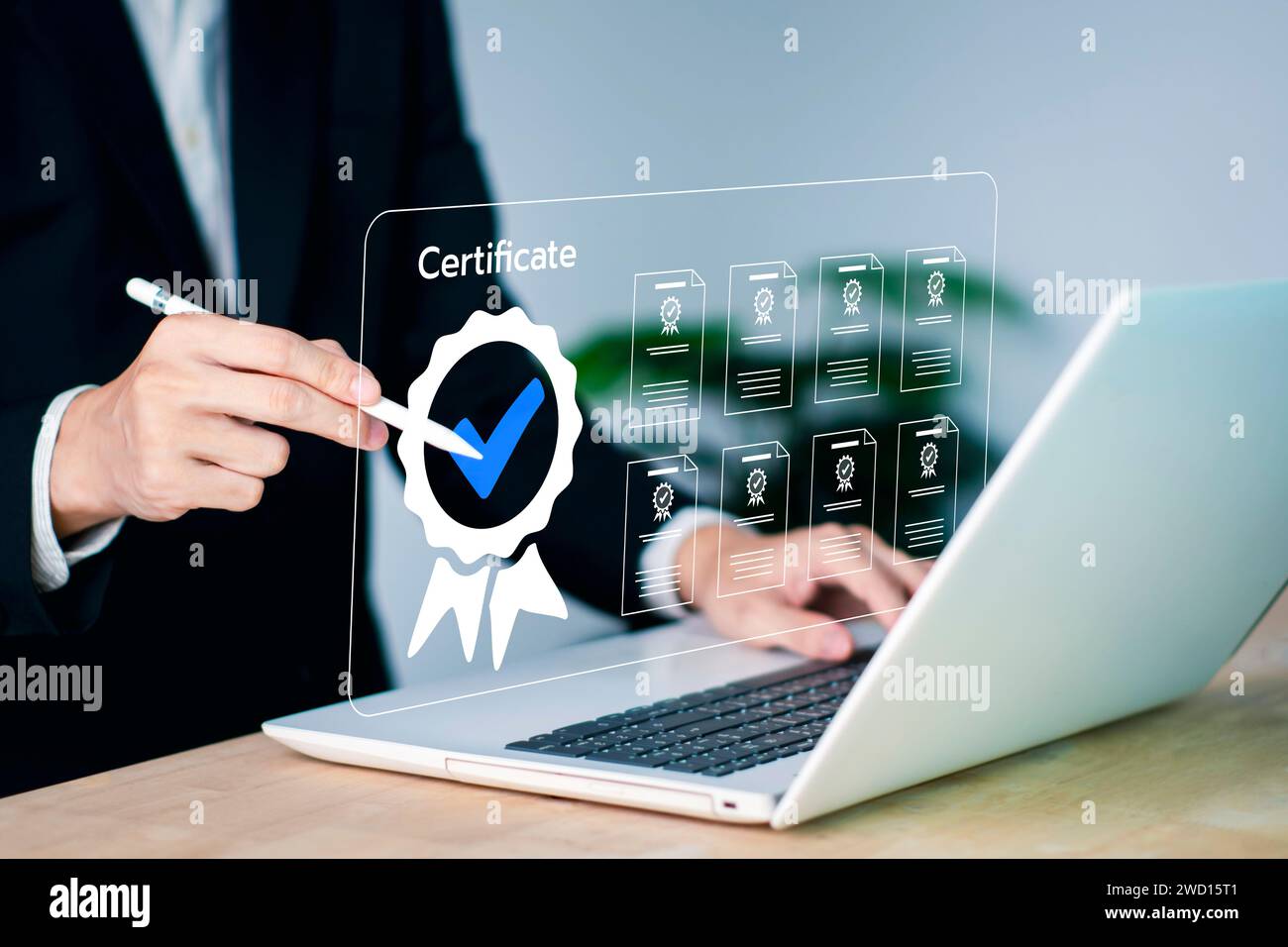 Approved e-document. Businessman assessment for certificate. Digital ...