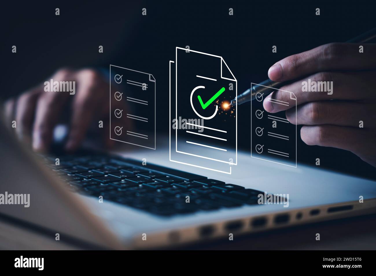 Businessman use smartpen checklist on e-document. Document Management ...