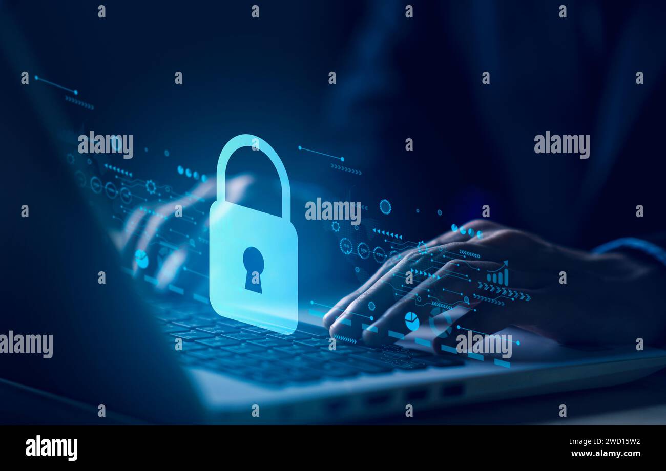 Lock on laptop. Cyber security. Data protection information. Encryption ...