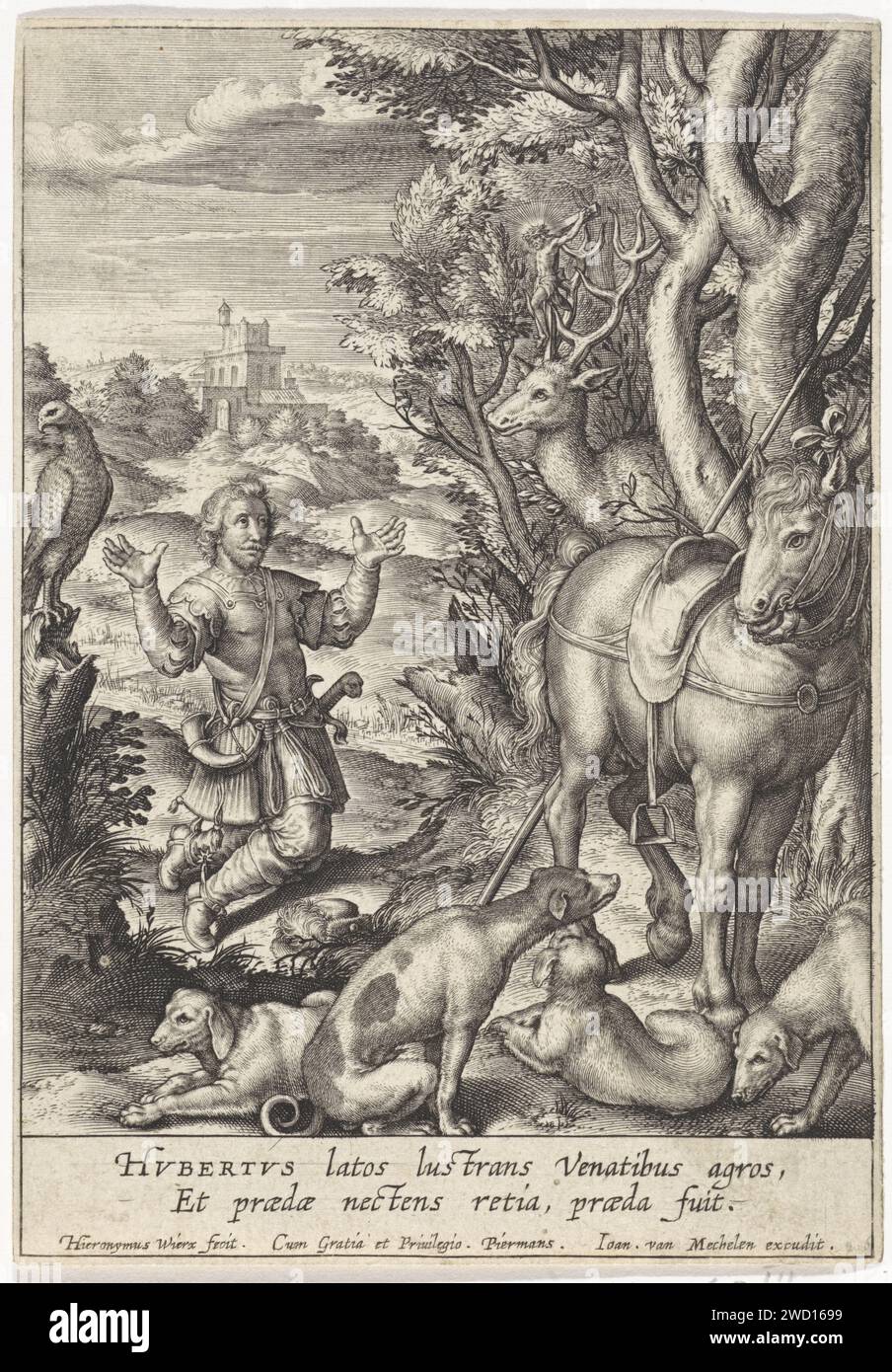 Conversion of H. Hubertus, Hieronymus Wierix, 1563 - Before 1619 print The Holy Hubertus kneels ...