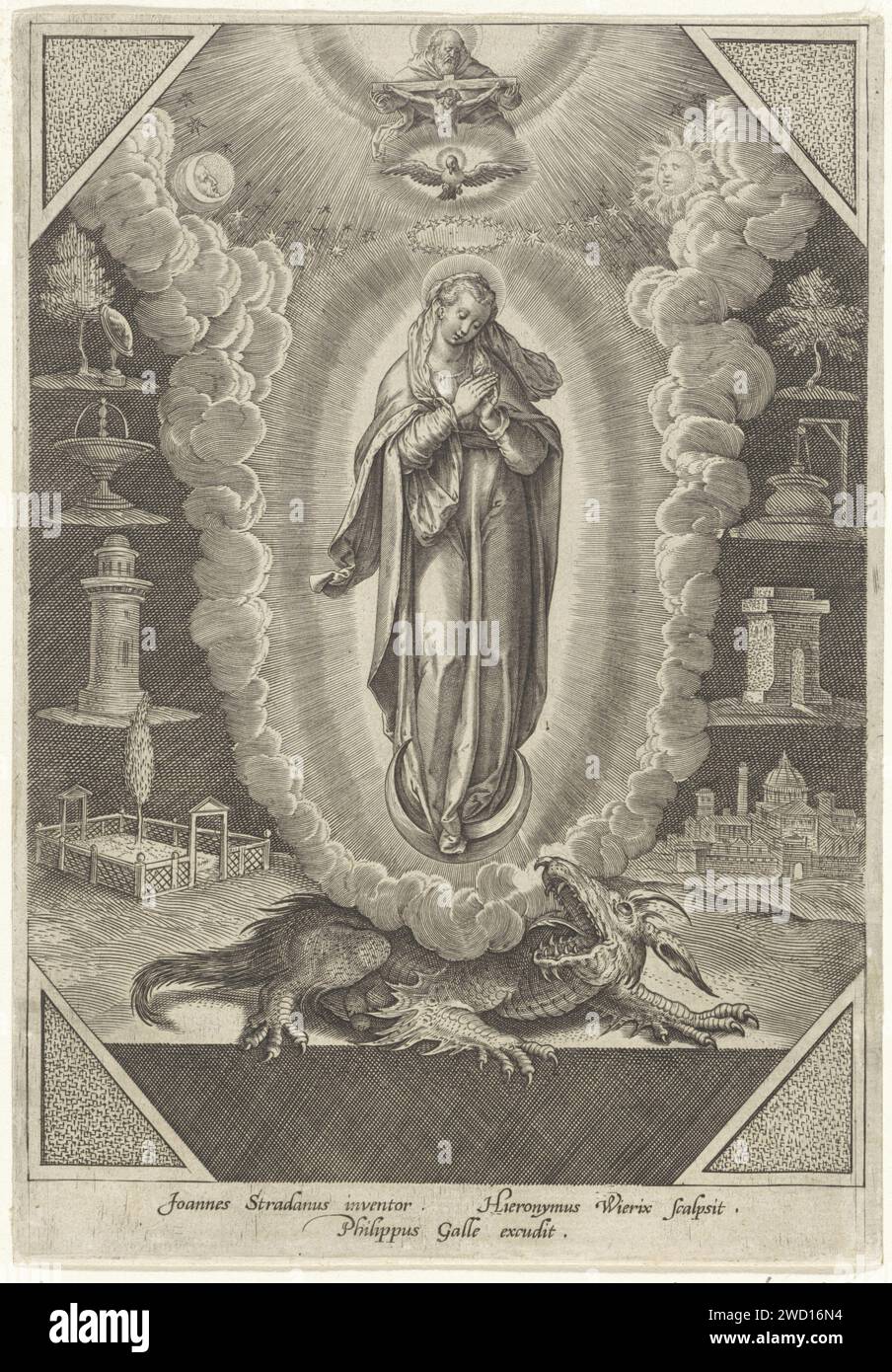 Virgin Maria flanked by symbols from the Lauretan Litanie, Hieronymus ...