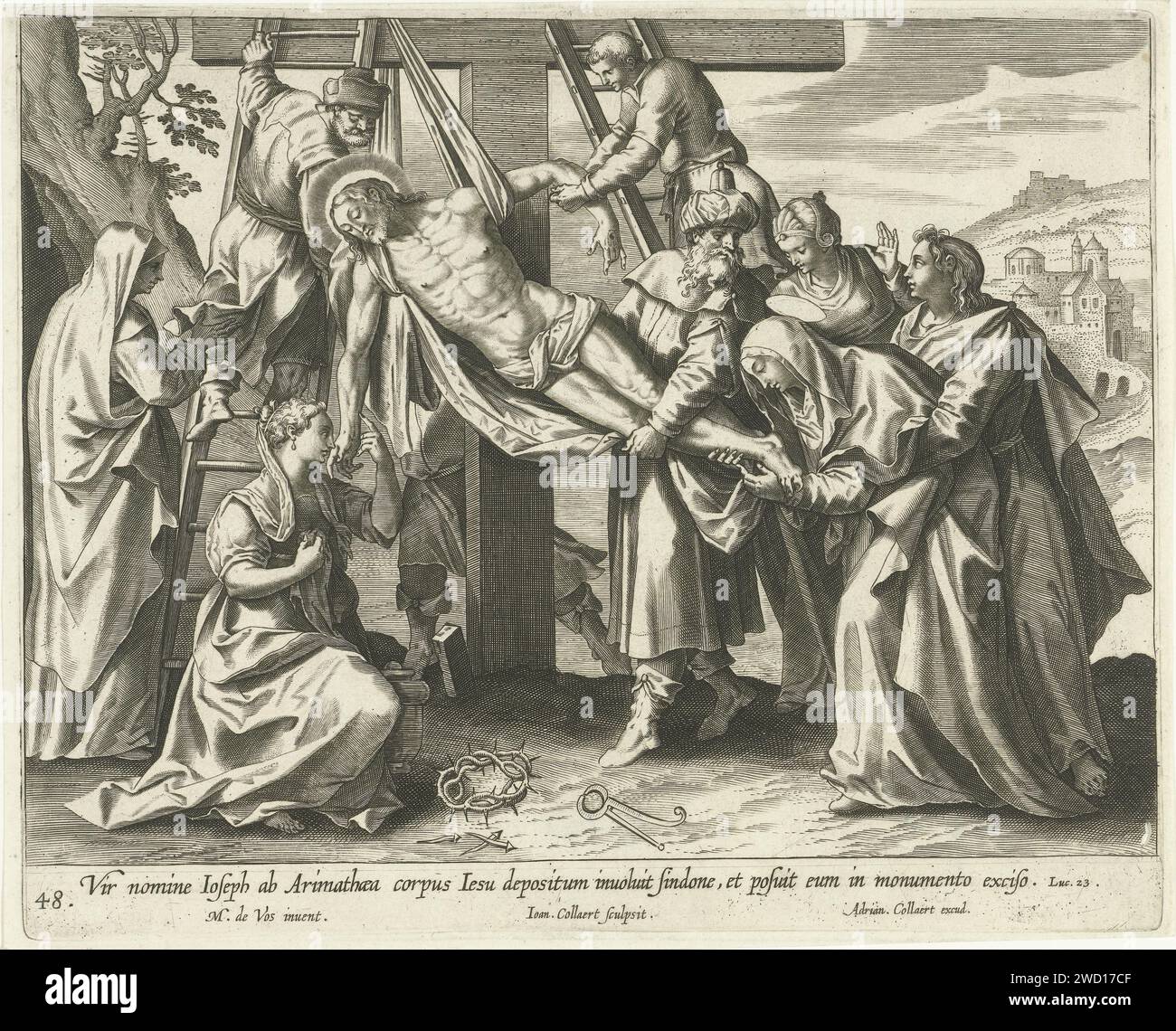 Cross Decline, Jan Collaert (II), After Maerten de Vos, 1598 - 1618 print Christ is taken by ...
