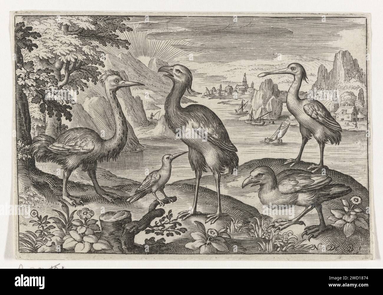 Crown crane between two ostriches, Nicolaes de Bruyn, 1594 print ...
