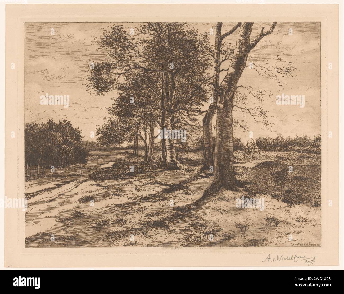 Landweg with trees, Adolphe P.H J. van Weezel Errens, 1876 - 1911 print ...