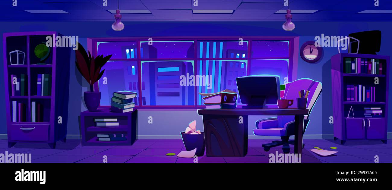 Company office at night. Vector cartoon illustration of dark room with ...