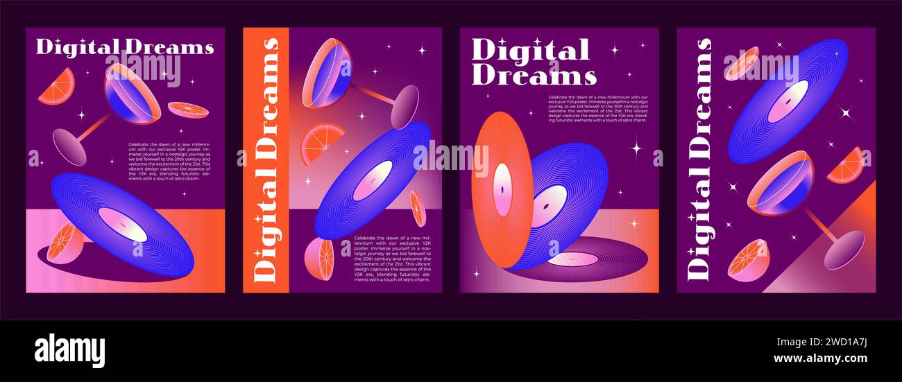 Set of y2k electronic music party posters. Vector realistic ...