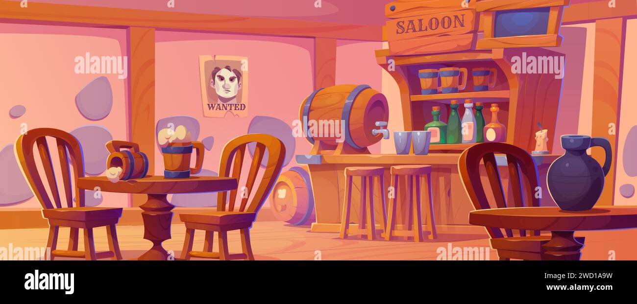 Western saloon interior design. Vector cartoon illustration of retro ...