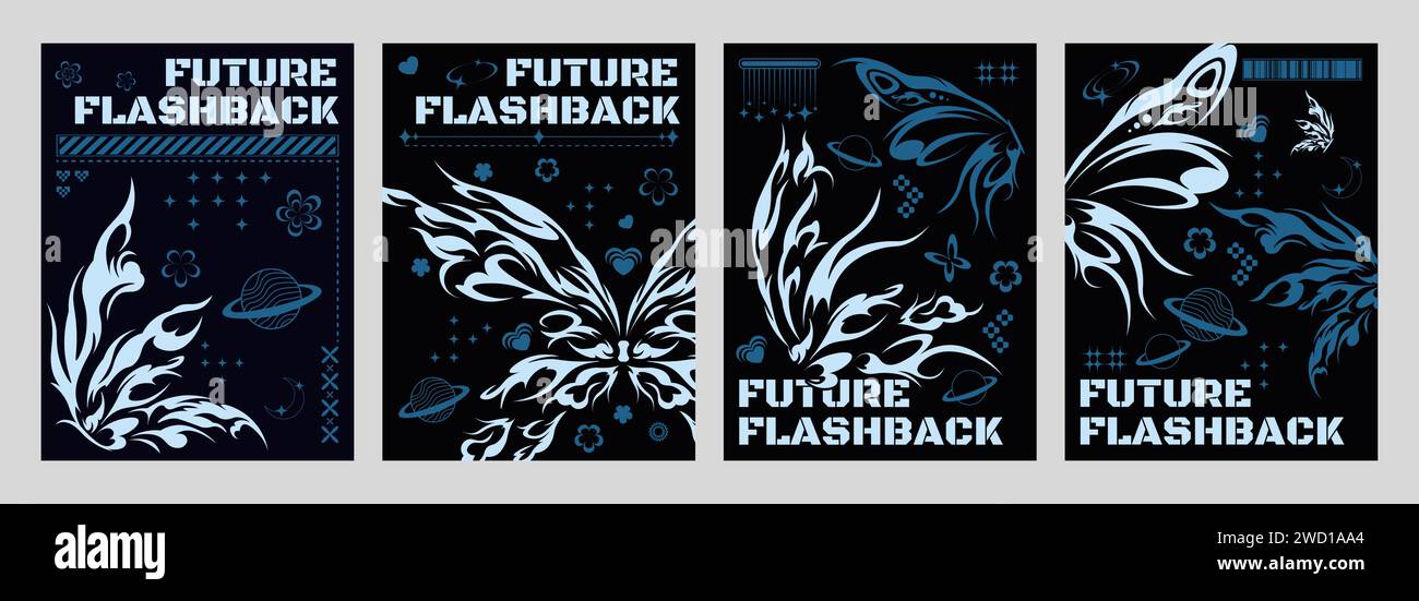 Y2k retro poster design template with grey tribal abstract graphic ...