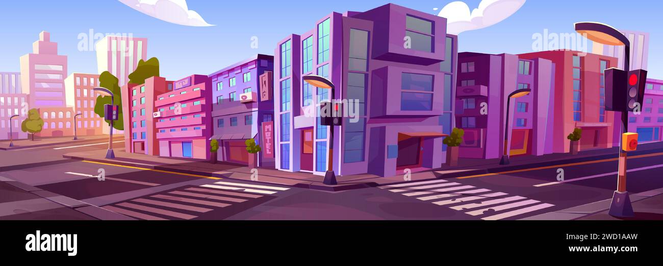 City street corner on summer day. Vector cartoon illustration of modern ...