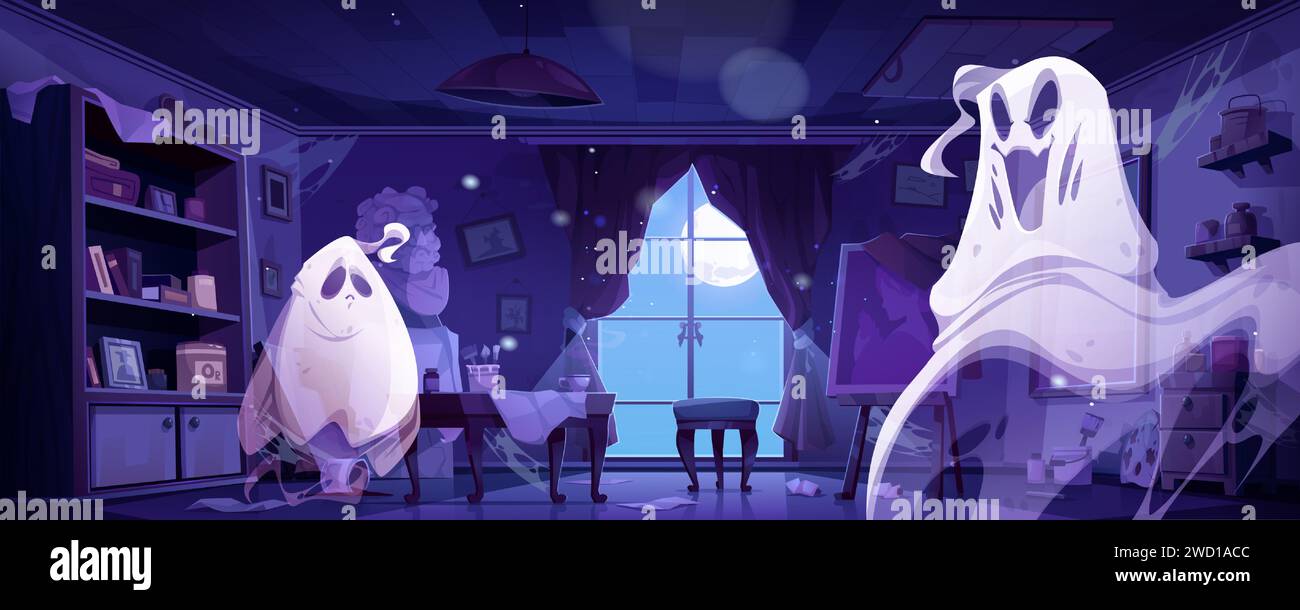 Abandoned destroyed art studio classroom interior with ghosts. Cartoon ...