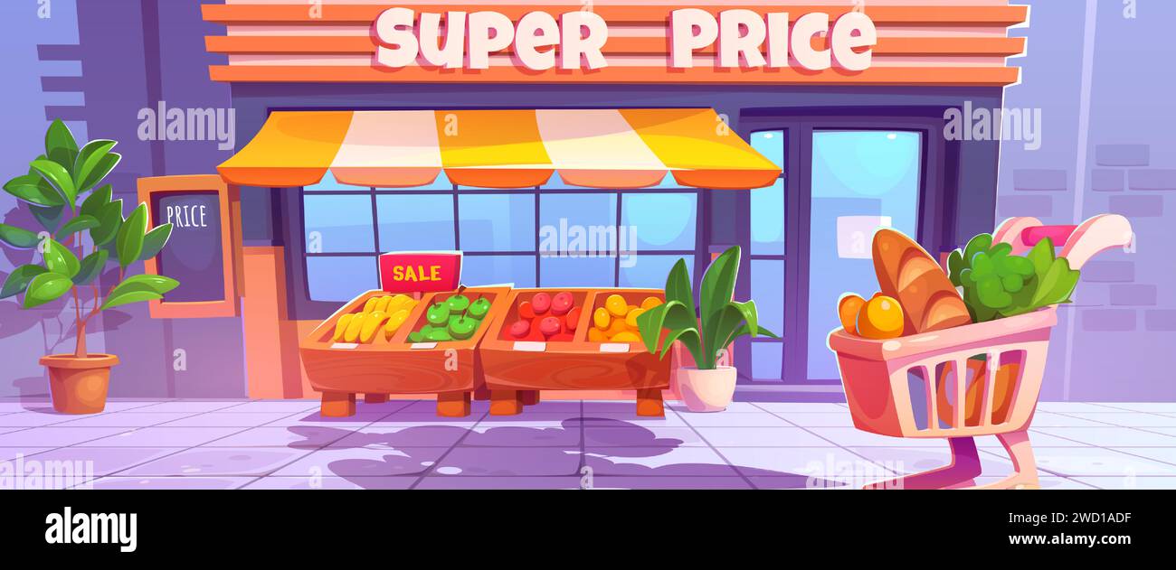 Grocery store exterior with big glass windows and door, tent and plant ...