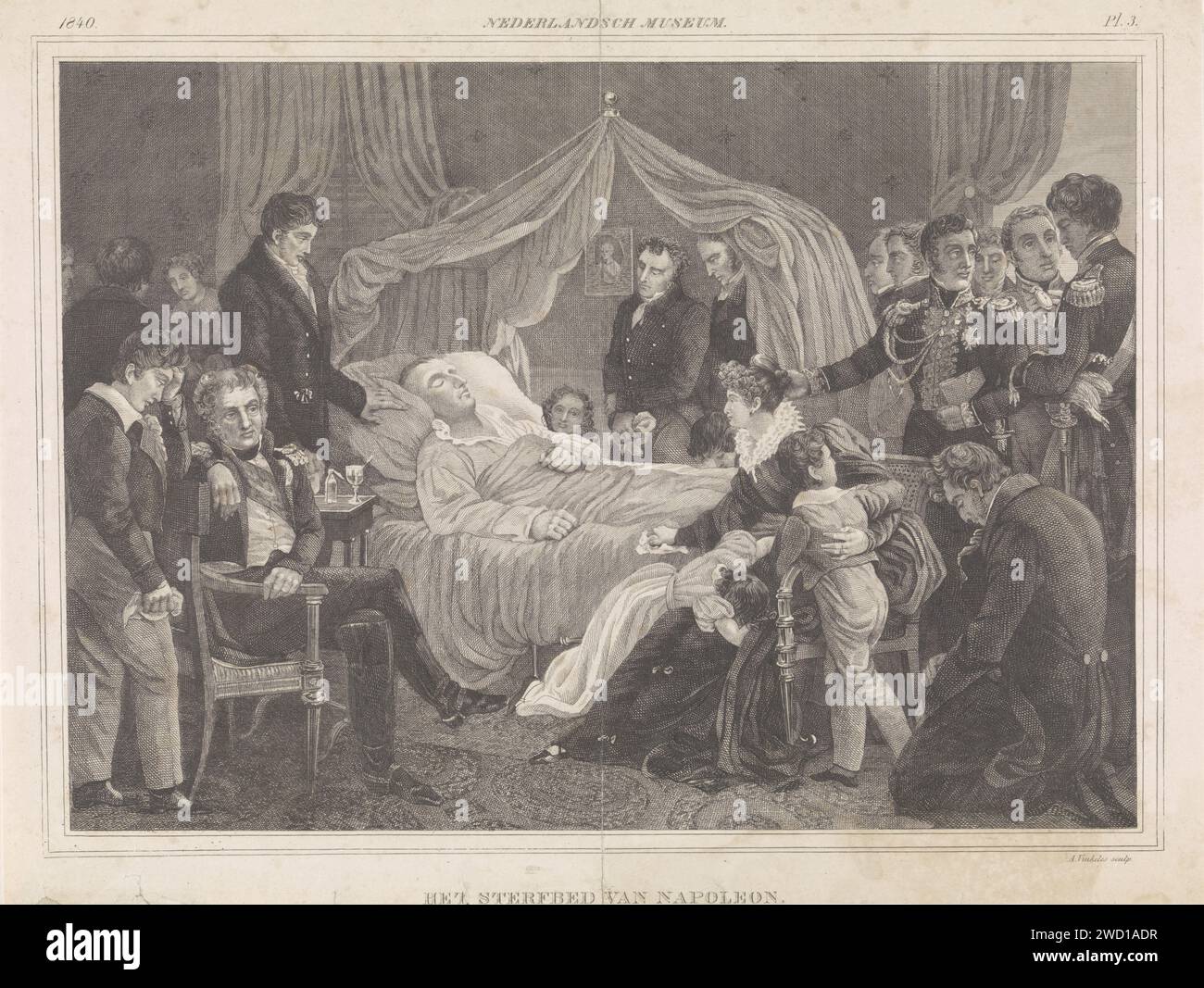 Deathbed of Napoleon, Abraham Vinkeles, 1840 print Amsterdam paper ...