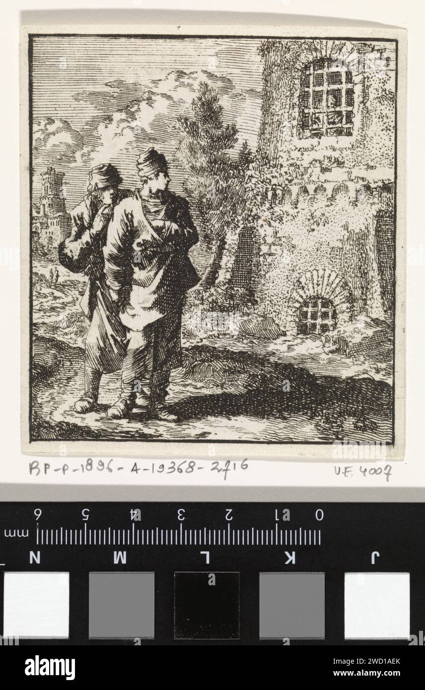 Two travelers look at a man behind bars of a prison, Jan Luyken, 1711 ...